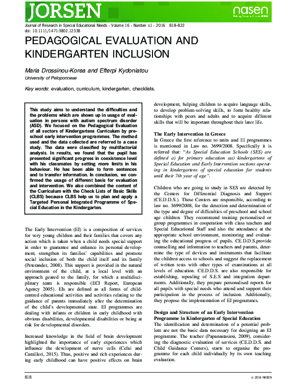 (PDF) Pedagogical Evaluation and Kindergarten Inclusion | ΜΑΡΙΑ ΚΟΡΕΑ - Academia.edu