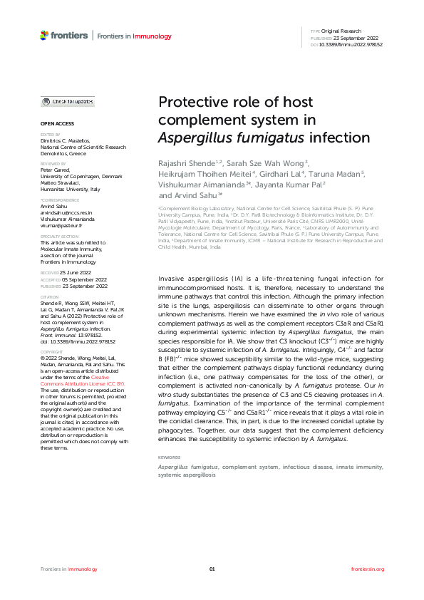 (PDF) Protective role of host complement system in Aspergillus ...