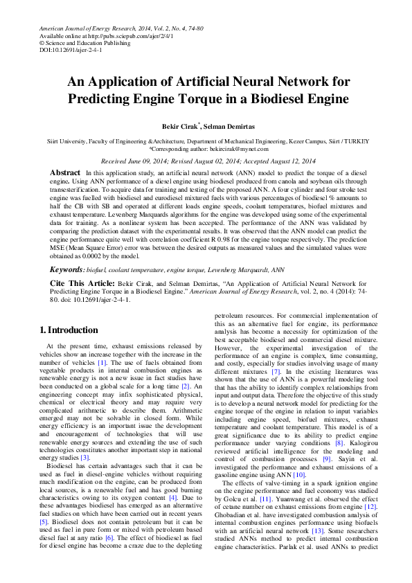 (PDF) An Application of Artificial Neural Network for Predicting Engine Torque in a Biodiesel Engine