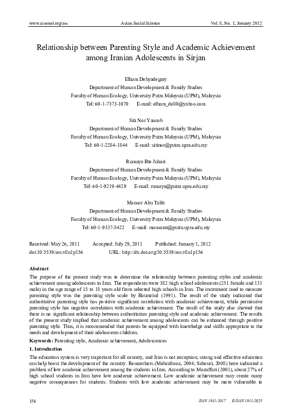 (PDF) Relationship between Parenting Style and Academic Achievement among Iranian Adolescents in ...