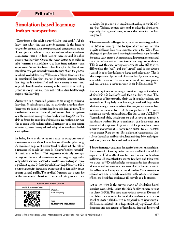 (PDF) Simulation based learning: Indian perspective | Pankaj Kundra - Academia.edu