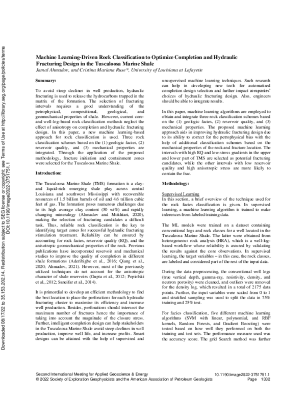 Pdf Machine Learning Driven Rock Classification To Optimize Completion And Hydraulic