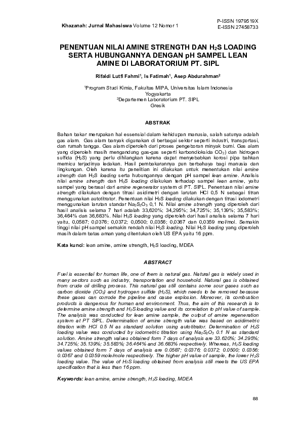 (PDF) ANALISIS HUBUNGAN AMINE STRENGTH, H2S LOADING DAN pH PADA SAMPEL ...
