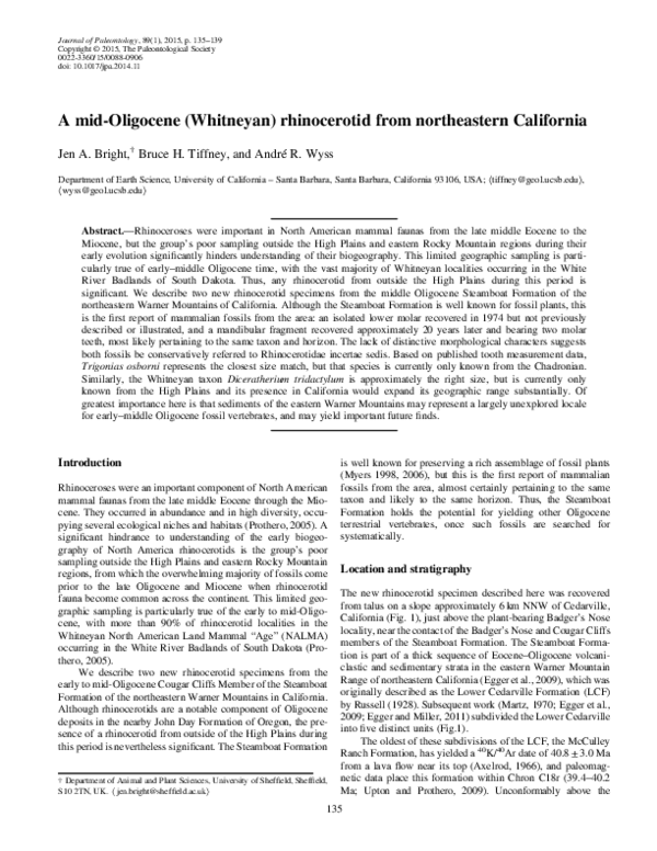 (PDF) A mid-Oligocene (Whitneyan) rhinocerotid from northeastern California