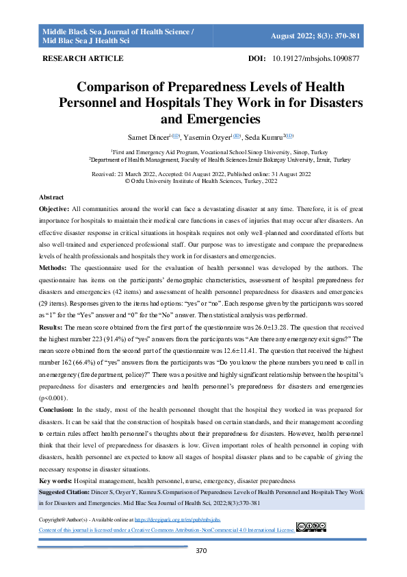 (PDF) Comparison of Preparedness Levels of Health Personnel and ...