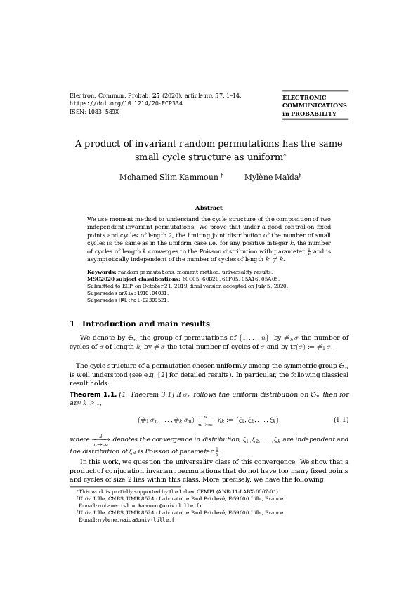 Pdf A Product Of Invariant Random Permutations Has The Same Small Cycle Structure As Uniform