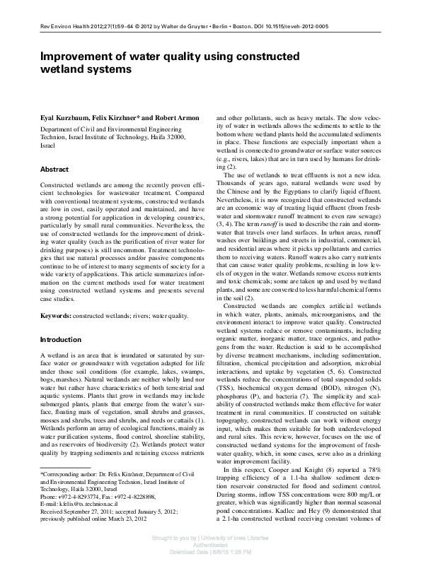 (PDF) Improvement of water quality using constructed wetland systems