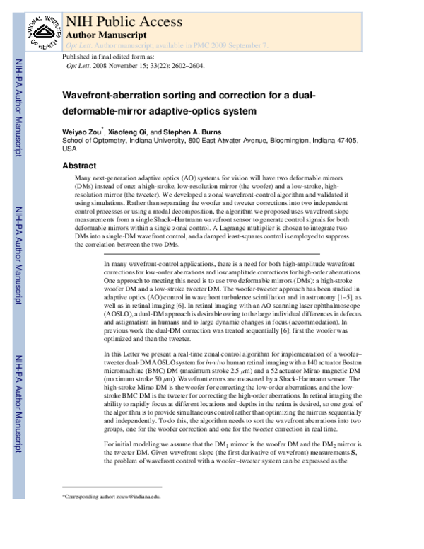 Pdf Wavefront Aberration Sorting And Correction For A Dual Deformable Mirror Adaptive Optics