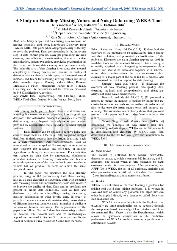 (PDF) A Study on Handling Missing Values and Noisy Data using Weka Tool