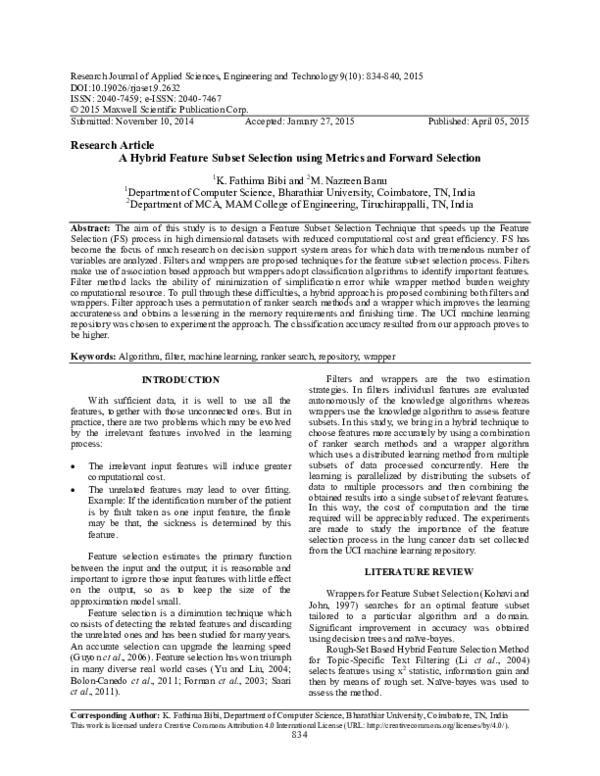 (PDF) A Hybrid Feature Subset Selection using Metrics and Forward Selection