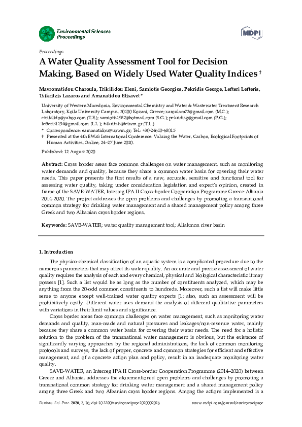 (PDF) A Water Quality Assessment Tool for Decision Making, Based on ...