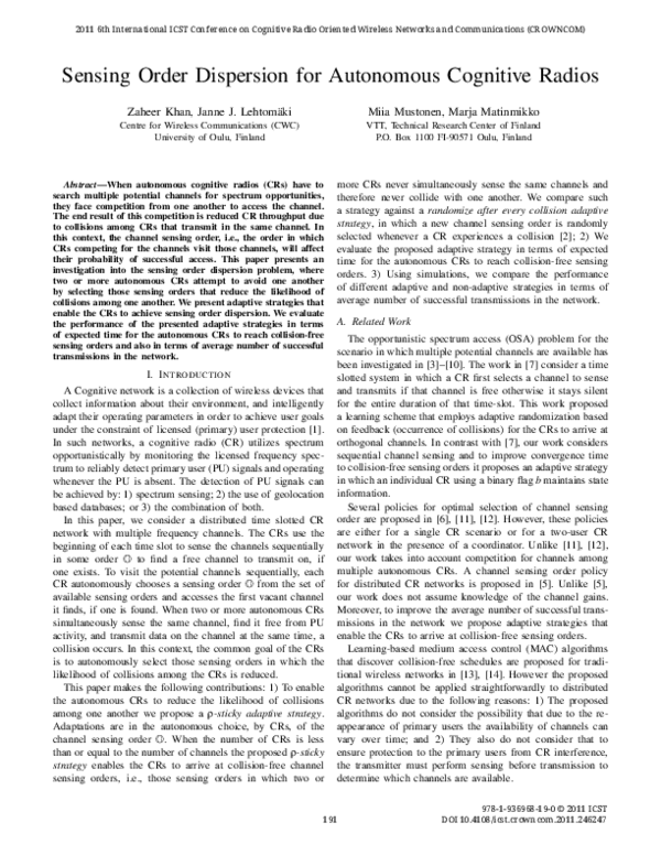 (PDF) Sensing Order Dispersion for Autonomous Cognitive Radios