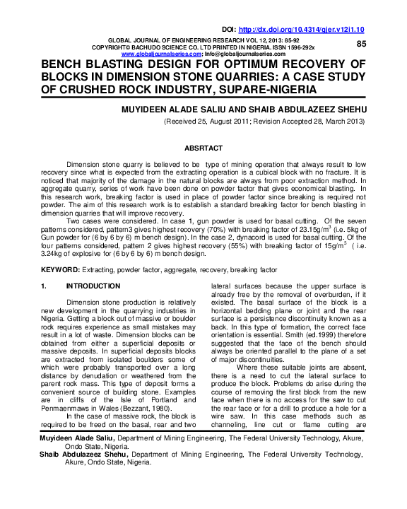 (PDF) Bench Blasting Design for Optimum Recovery of Blocks in Dimension ...