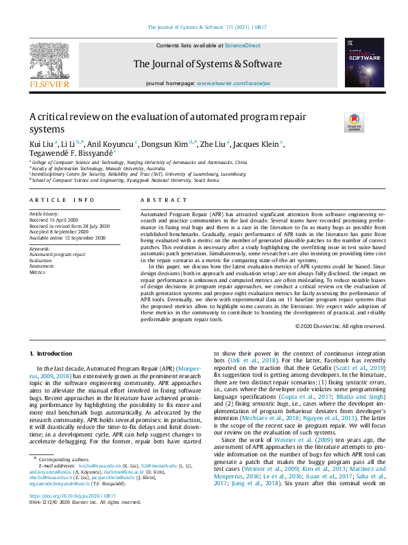 (PDF) A critical review on the evaluation of automated program repair systems