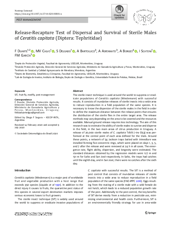(PDF) Release-Recapture Test of Dispersal and Survival of Sterile Males ...