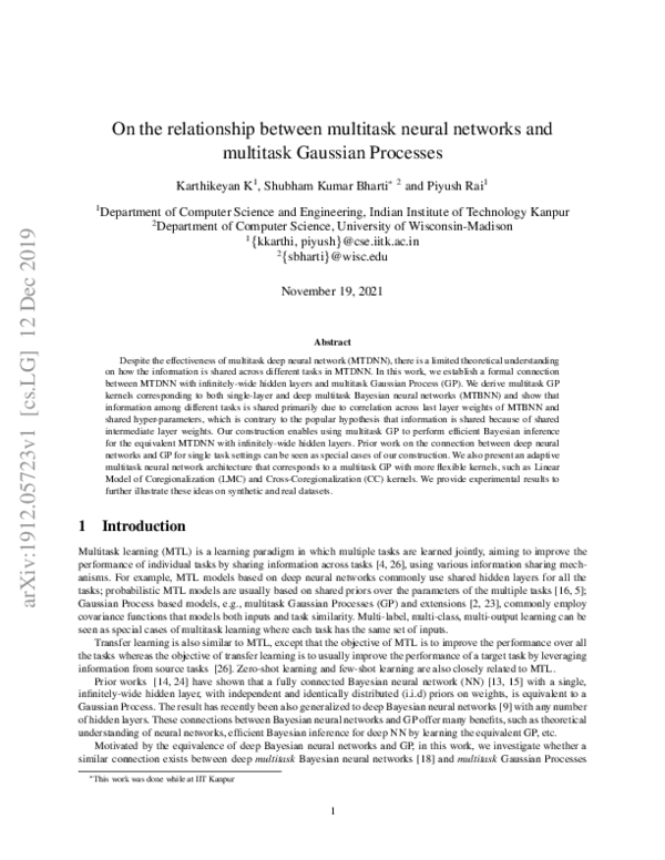 (PDF) On the relationship between multitask neural networks and multitask Gaussian Processes