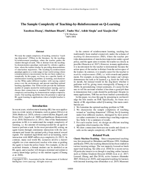 (PDF) The Sample Complexity of Teaching by Reinforcement on Q-Learning