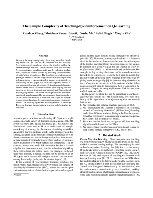 (PDF) The Sample Complexity of Teaching by Reinforcement on Q-Learning