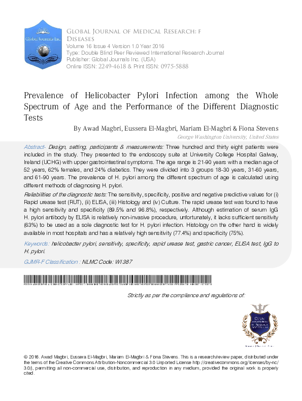 (PDF) Prevalence of Helicobacter Pylori Infection among the Whole Spectrum of Age and the ...