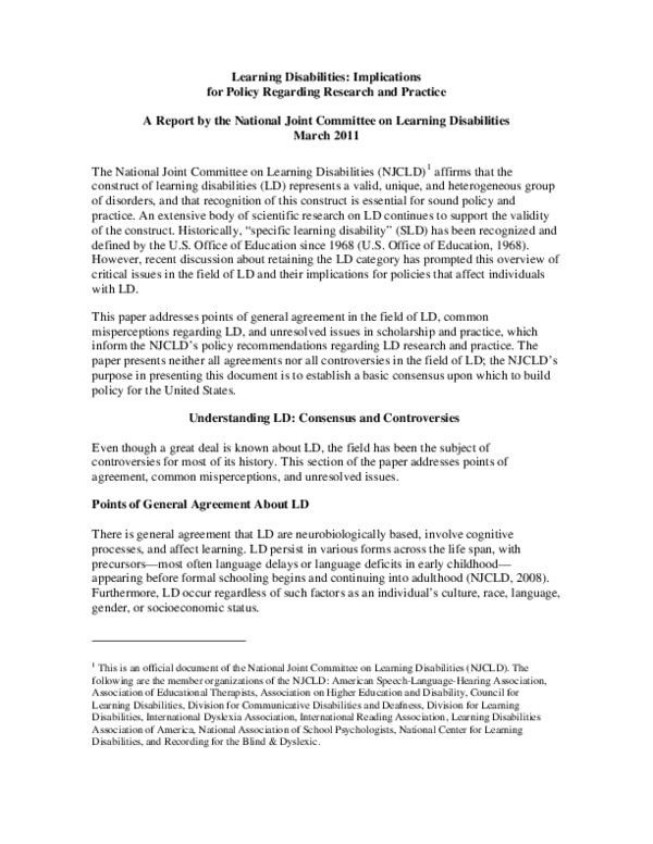 (PDF) Learning Disabilities: Implications for Policy Regarding Research ...