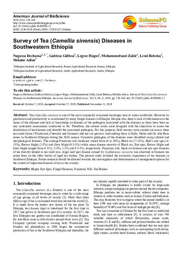 (PDF) Survey of Tea (Camellia sinensis) Diseases in Southwestern Ethiopia