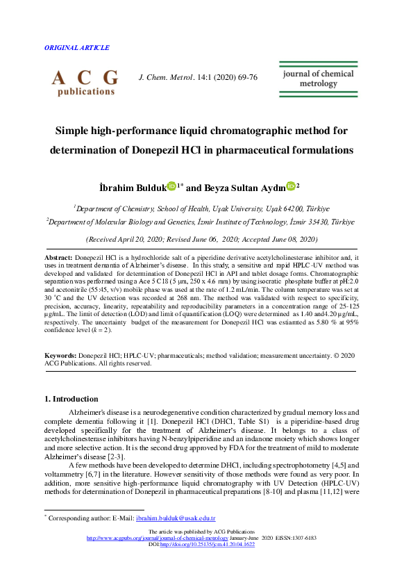 (PDF) Simple high-performance liquid chromatographic method for determination of Donepezil HCl ...