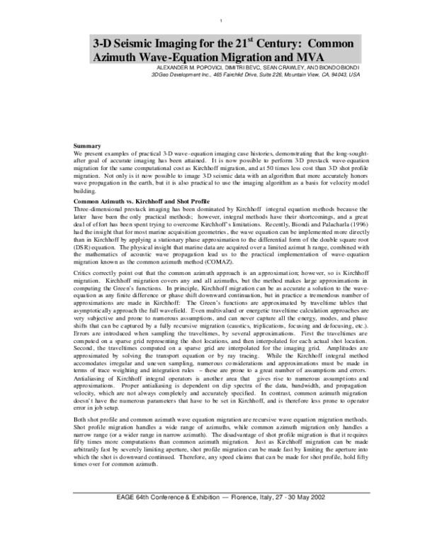 Pdf 3d Seismic Imaging For The 21st Century Common Azimuth Wave Equation Migration And Mva