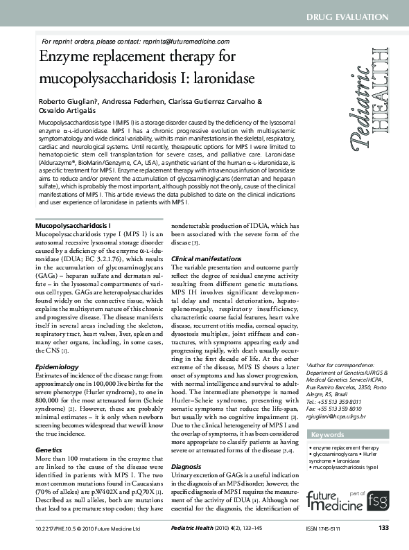 (PDF) Enzyme replacement therapy for mucopolysaccharidosis I: a ...