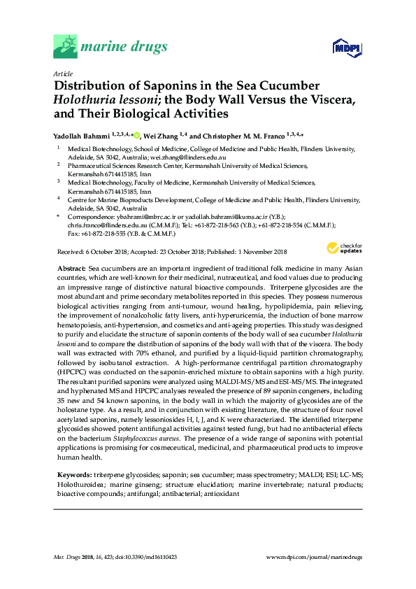 (PDF) Distribution of Saponins in the Sea Cucumber Holothuria lessoni ...