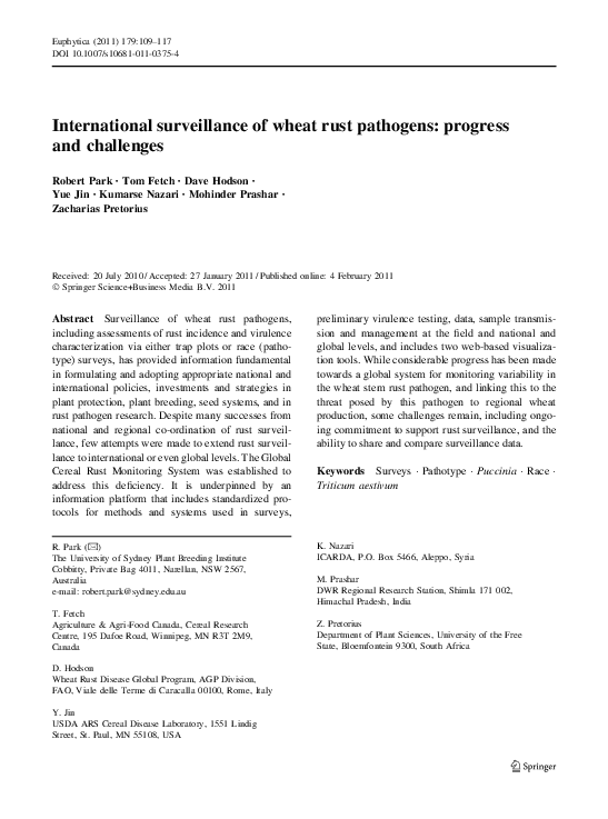 (PDF) International surveillance of wheat rust pathogens: progress and ...