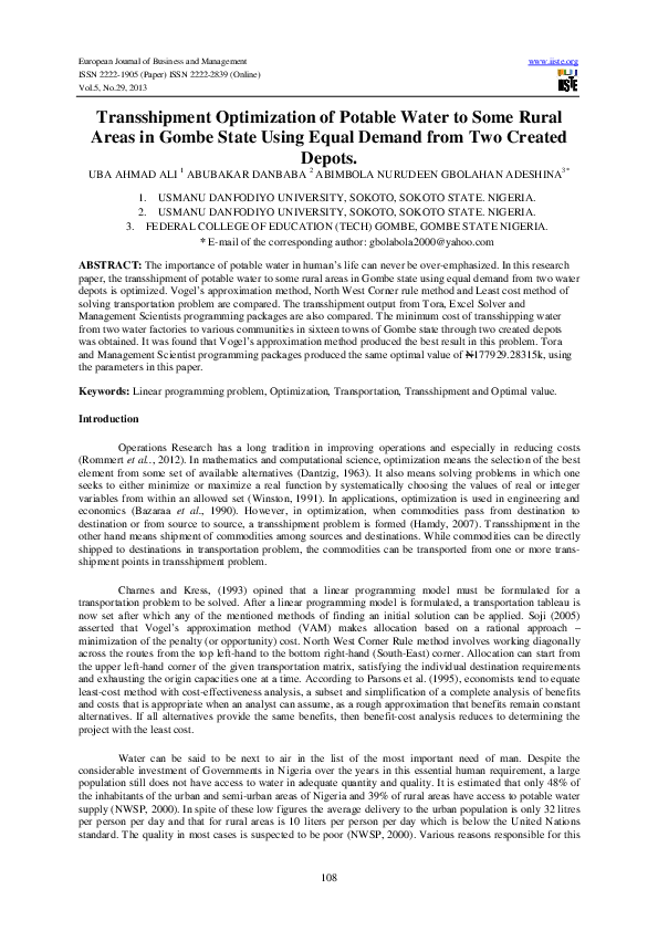 (PDF) Transshipment Optimization of Potable Water to Some Rural Areas in Gombe State Using Equal ...