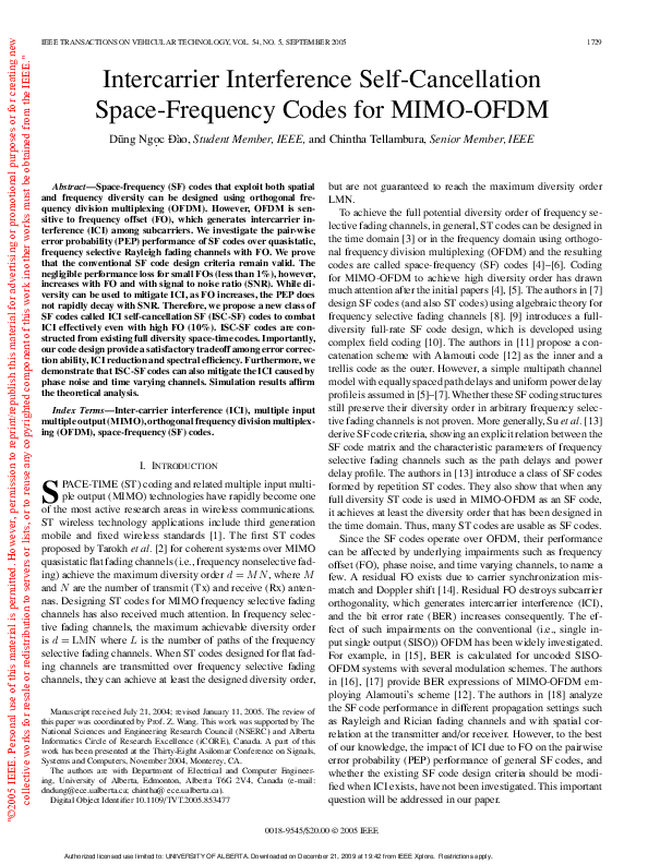 Pdf Intercarrier Interference Self Cancellation For Space Time