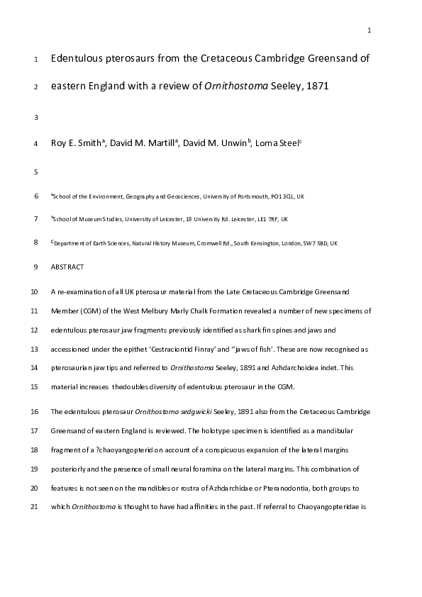 (PDF) New Edentulous Pterosaur Findings in England