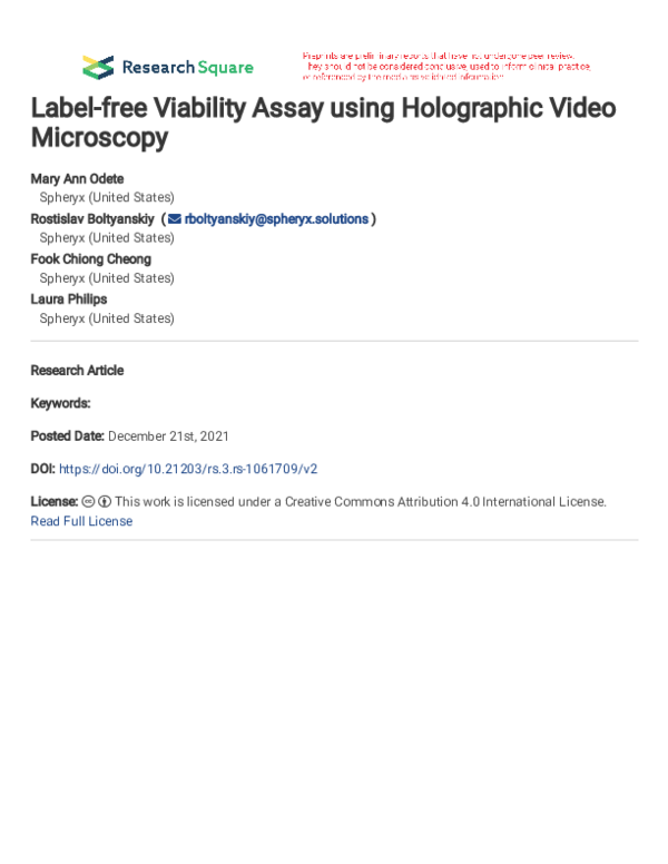 (PDF) Label-free Viability Assay using Holographic Video Microscopy