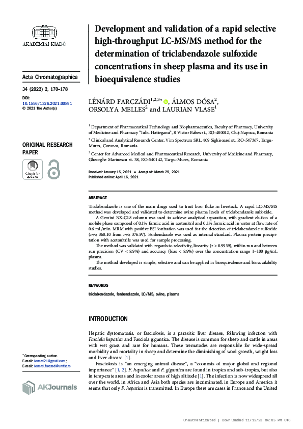 (PDF) Development and validation of a rapid selective high-throughput LC-MS/MS method for the ...