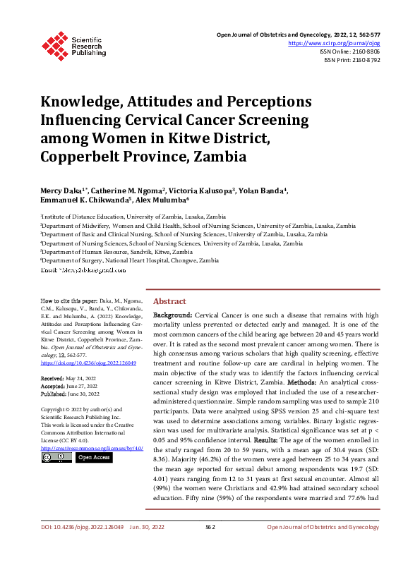 (PDF) Knowledge, Attitudes and Perceptions Influencing Cervical Cancer Screening among Women in ...