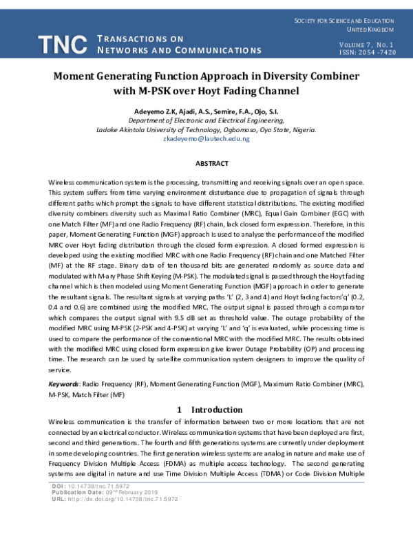 (PDF) Moment Generating Function Approach in Diversity Combiner with M-PSK over Hoyt Fading Channel