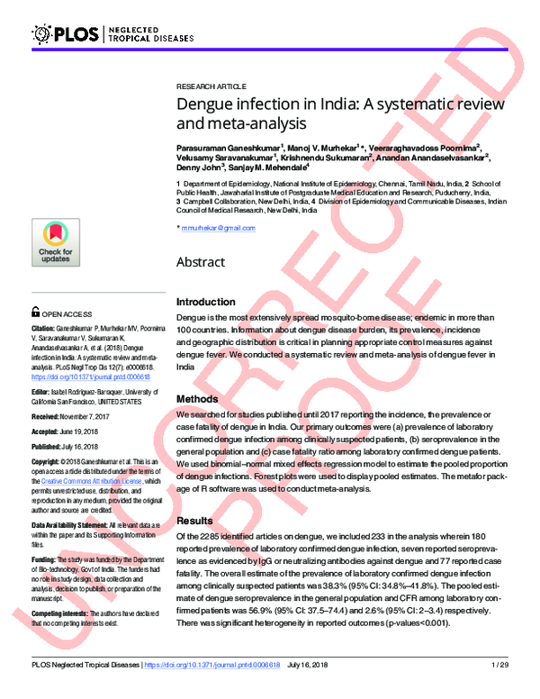 Pdf Dengue Infection In India A Systematic Review And Meta Analysis