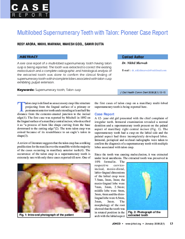 (PDF) Multilobed Supernumerary Teeth with Talon: Pioneer Case Report
