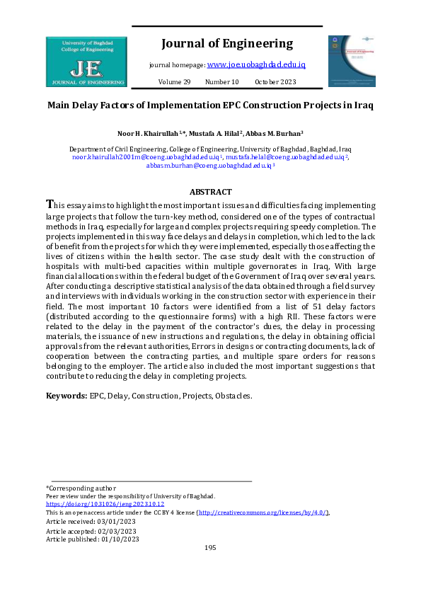 (PDF) Main Delay Factors of Implementation EPC Construction Projects in Iraq