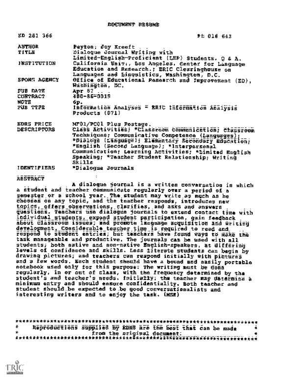 (PDF) Dialogue Journal Writing with Limited-English-Proficient (LEP ...