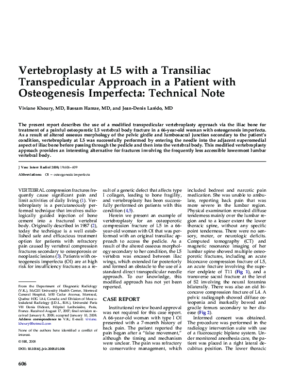 (PDF) Vertebroplasty at L5 with a Transiliac Transpedicular Approach in ...
