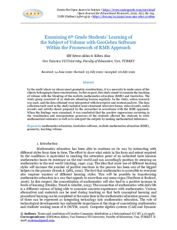 (PDF) Teaching Volume to 6th Graders Using GeoGebra and RME