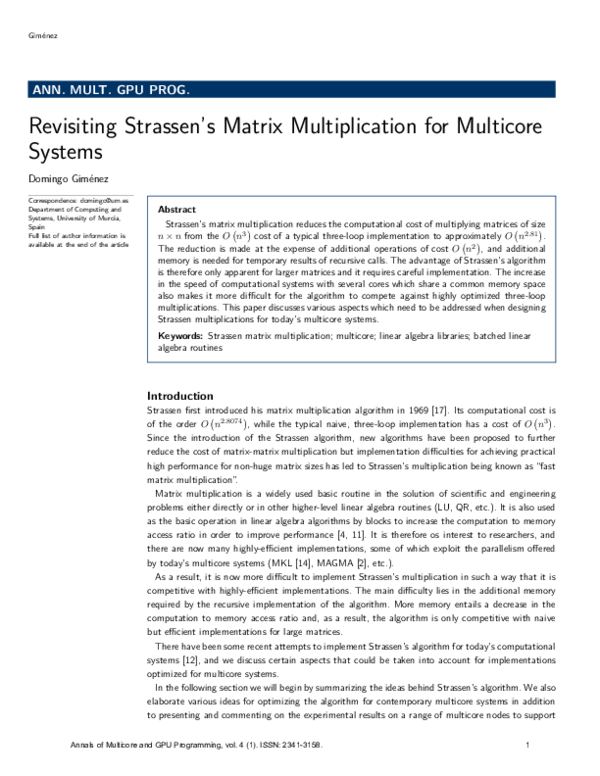 (PDF) Revisiting Strassen’s Matrix Multiplication for Multicore Systems