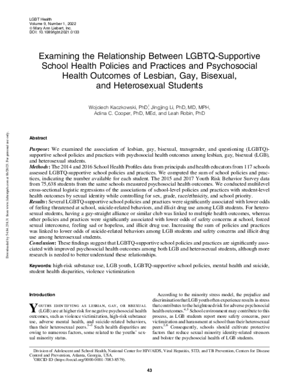 (PDF) Examining the Relationship Between LGBTQ-Supportive School Health ...