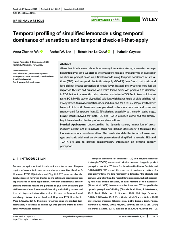 (PDF) Temporal profiling of simplified lemonade using temporal dominance of sensations and ...