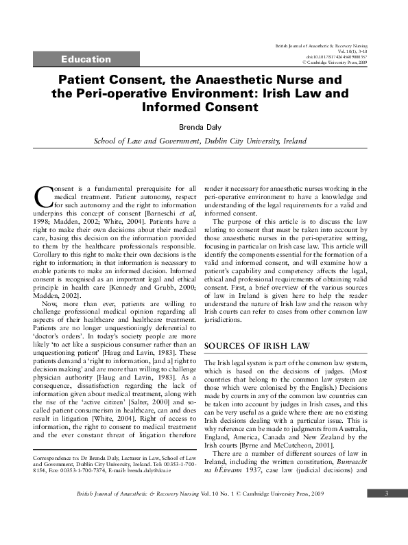 (PDF) Patient Consent, the Anaesthetic Nurse and the Peri-operative ...