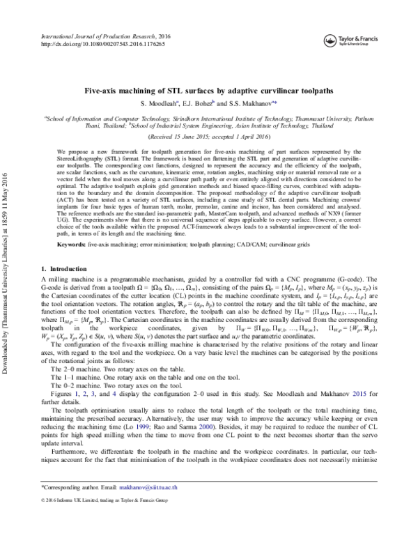(PDF) Five-axis machining of STL surfaces by adaptive curvilinear toolpaths