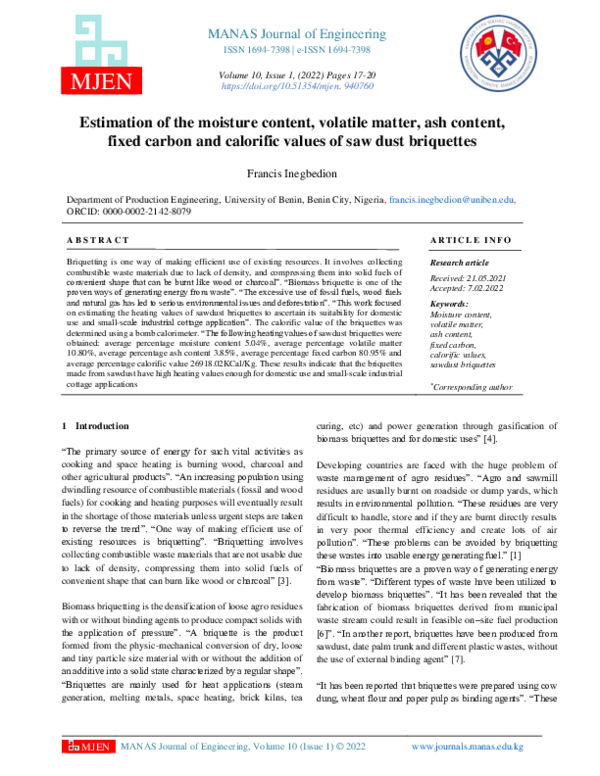 (PDF) Estimation of the moisture content, volatile matter, ash content ...