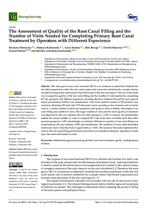 (PDF) The Assessment of Quality of the Root Canal Filling and the ...